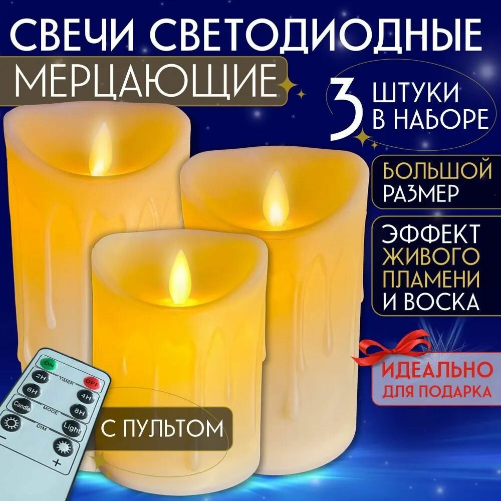 Светодиодные мерцающие большие свечи с пультом на батарейках / 2 режима работы