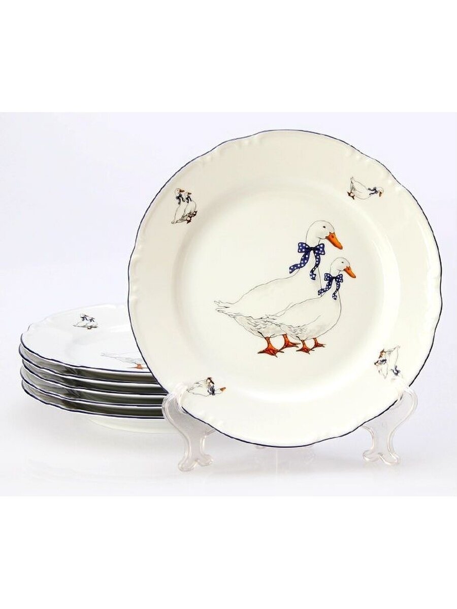 Набор 6 тарелок Констанция Гуси Bernadotte Фарфор Диаметр-24см Белый Синий Посуда для сервировки стола Чехия