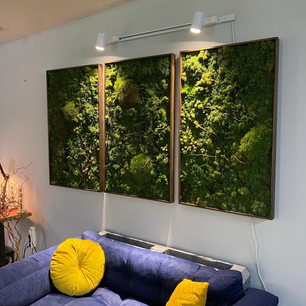 3- х модульная Картина 117*60 см. "Blackberry" Триптих из стабилизированных мхов и растений в подарочной упаковке.