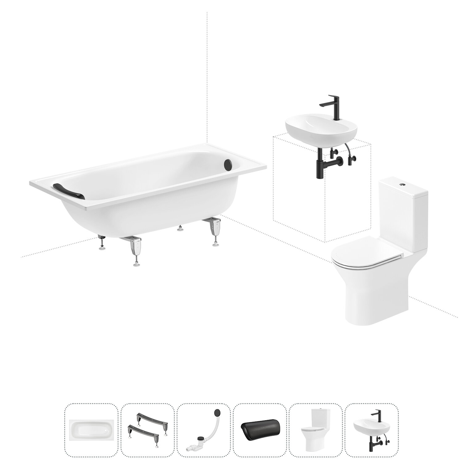 Стальная ванна 150х70 Sanitana BLB Europa 20220635R в наборе 6 в 1: металлическая ванна 150 х 70 см, ножки, слив-перелив, подголовник, унитаз, раковина с комплектом для подключения