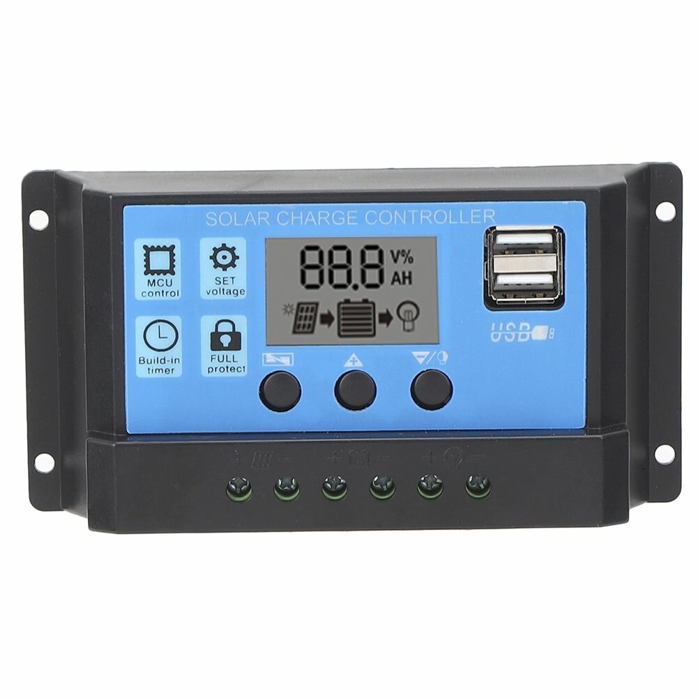 Контроллер солнечной зарядки с LCD дисплеем и двумя USB выходами 12V 24V 20A, автоматическое определение нагрузки