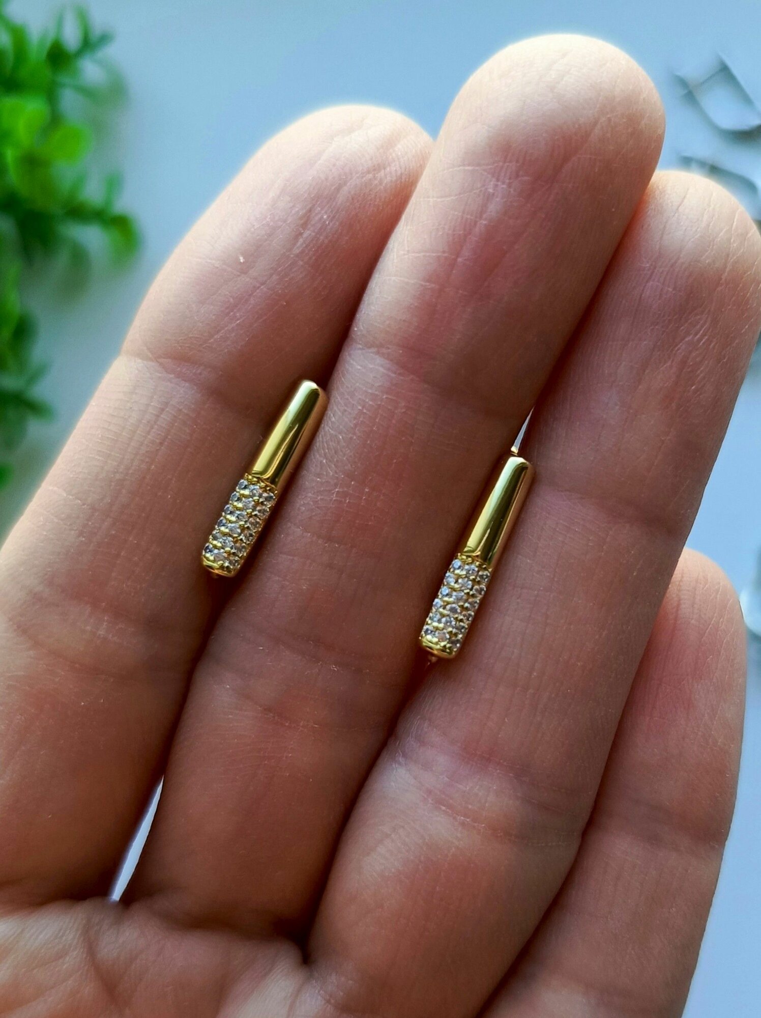 Швензы для сережек прямоугольные с фианитами. Латунь, позолота. 1 пара. Корейская фурнитура для бижутерии, украшений