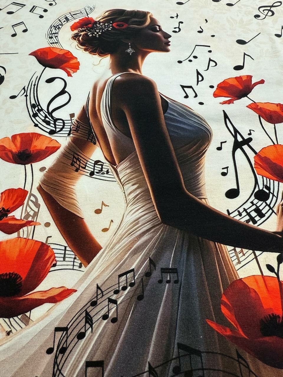 Купон 67х180 с диджитальным принтом Девушка в нотах и маках/ Ткань кулирка