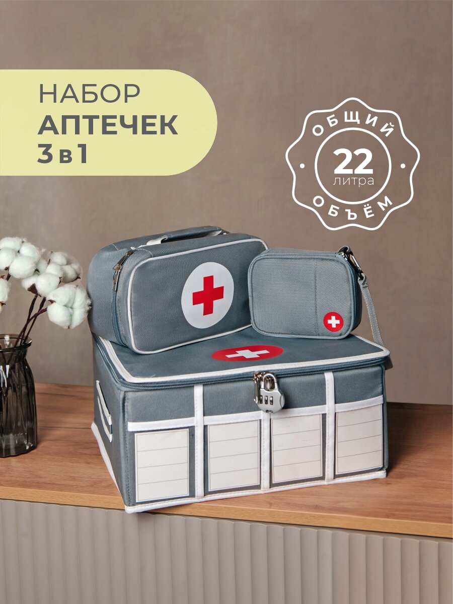 Набор аптечек Всё на местах, домашняя KIDS SAFE + дорожная+карманная (серый)