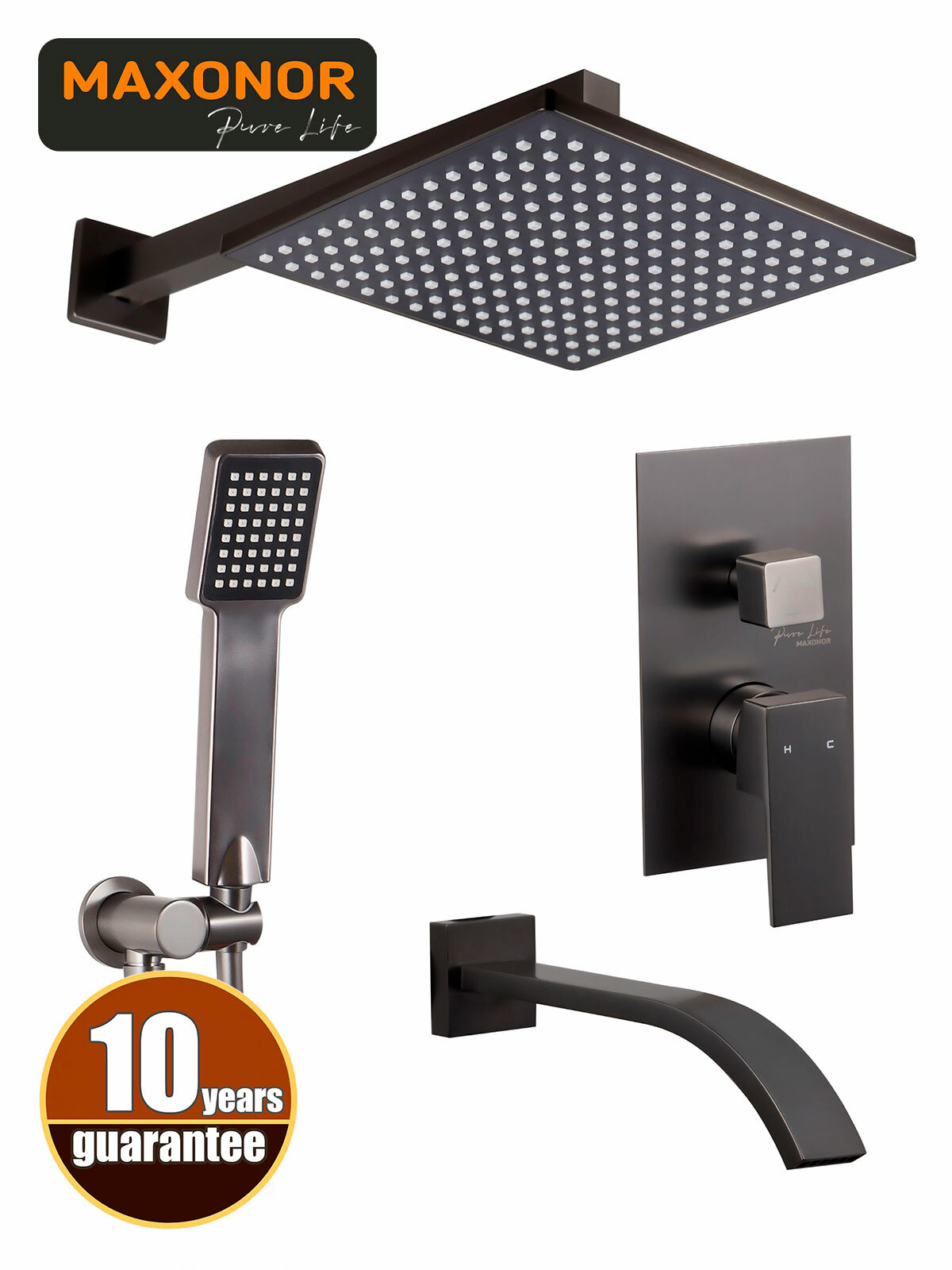 Встроенная душевая система с тропическим душем Maxonor PURE LIFE ELEGANCE PL7190-9 Графит матовый Латунь