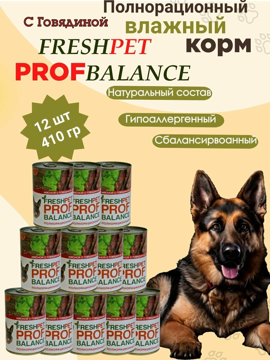 Корм консервированный FRESHPET PROF BALANCE для собак с говядиной, сердцем и гречкой, 410г * 12шт.