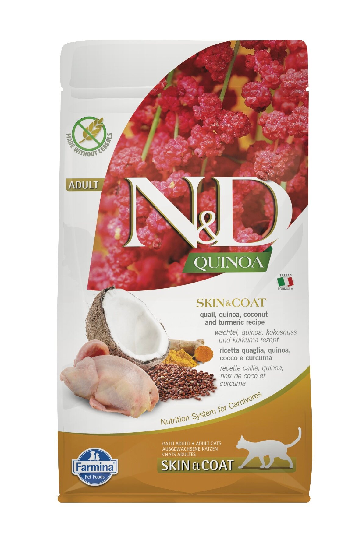 Сухой корм Farmina ND Cat GF Quinoa Skin-Coat Quail для взрослых кошек с перепелкой, уход за кожей и шерстью, 5кг