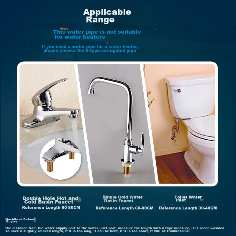 Submarine F30 304# Stainless Steel Braided Flexible Hose Inlet Pipe, 30cm, Universal for Basin And Toilet Water Supply, Suitable for Both Cold And Hot Water