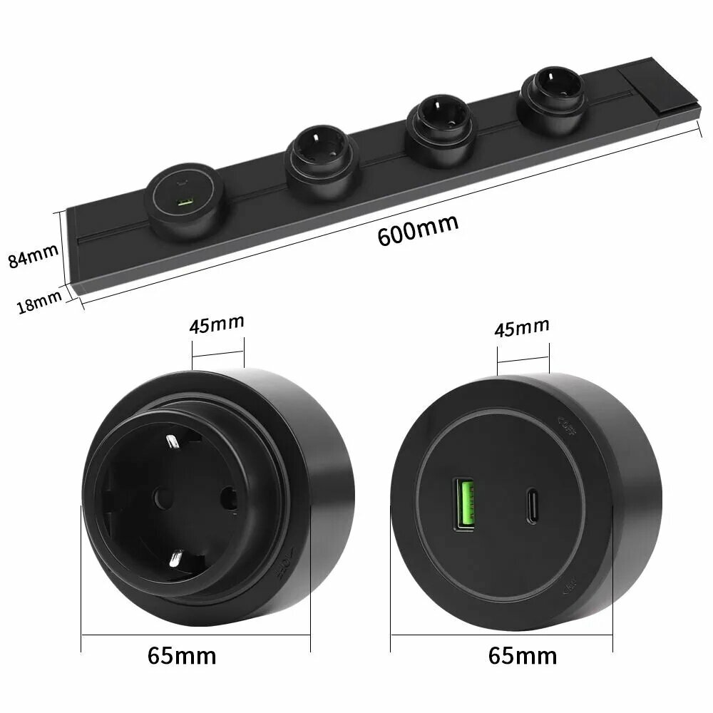 Трековые розетки; Трековая система накладная металлическая шина 60см + 3 EU розетки+2 USB черный