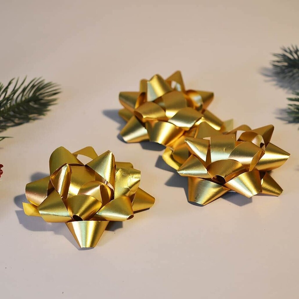 Бант декоративный 5см, золотой, глянцевый, набор из 3 штук для подарочной упаковки