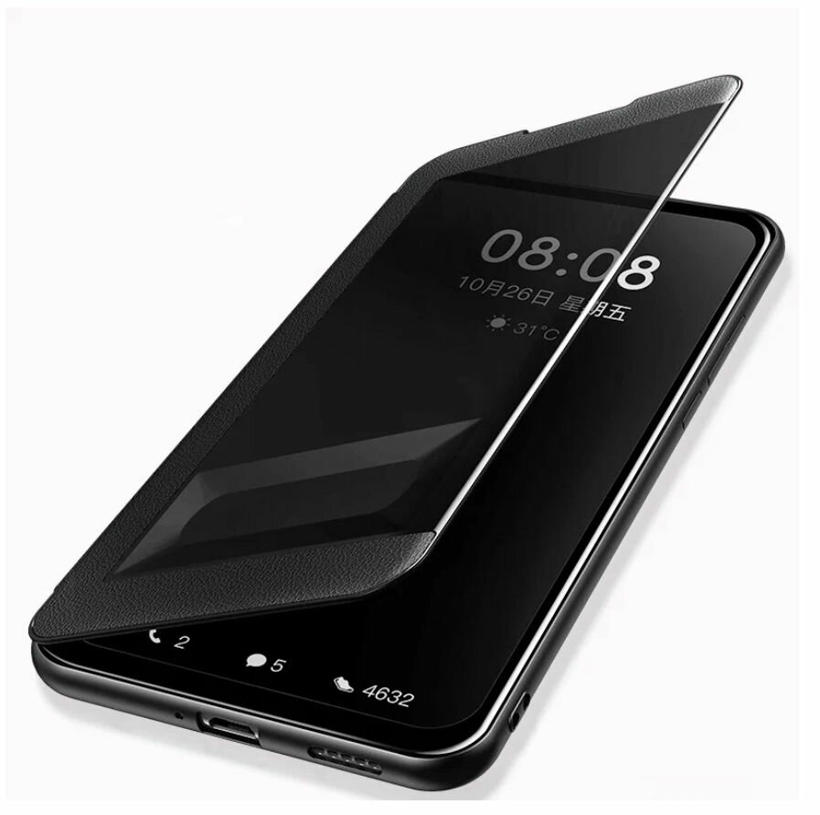 Чехол-книжка из кожи с окном для входящих вызовов MyPads для Huawei Honor 50 / Huawei Nova 9 "Королевский черный"