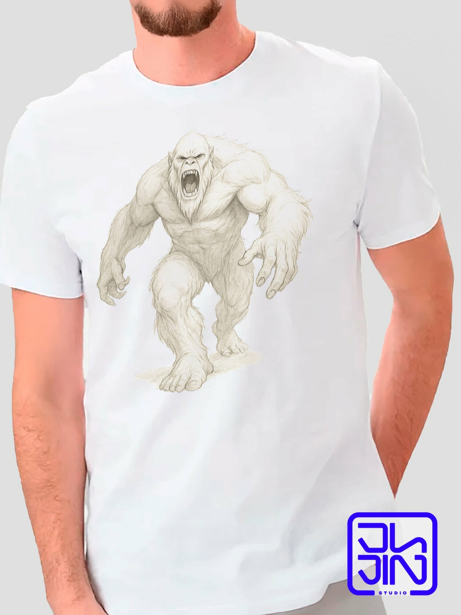 Футболка классическая мужская с авторским принтом Агрессивный йети с гориллой в черно-белом стиле, выразительный белый экстрим, белый хлопковый трикотаж с прикольным рисунком на груди
