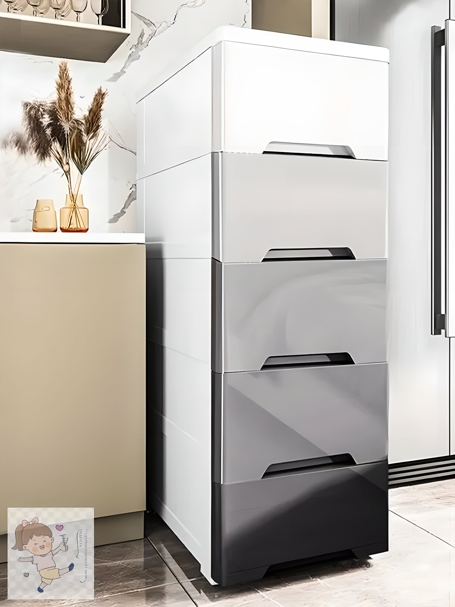 Ширина 30 см, шкаф для хранения, выдвижной, утолщенный, пластик, 5 слоев, градиентный серый, 30*40*84 см