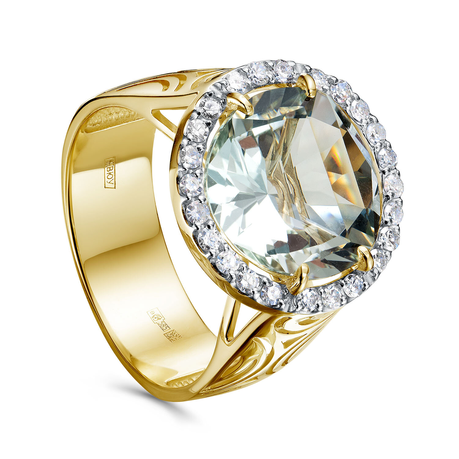 Кольцо, желтое золото, 585 проба, празиолит, бриллиант