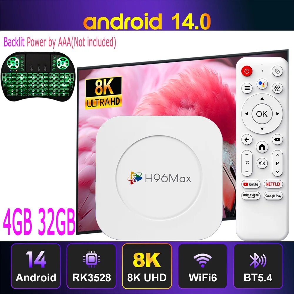 Android 14.0 RK3528 Quad Core Wifi6 8K HDR LAN 100M BT5.4 Voice Assistant 4GB 128GB Media Player Smart TV Box H96 Max M1 Plus