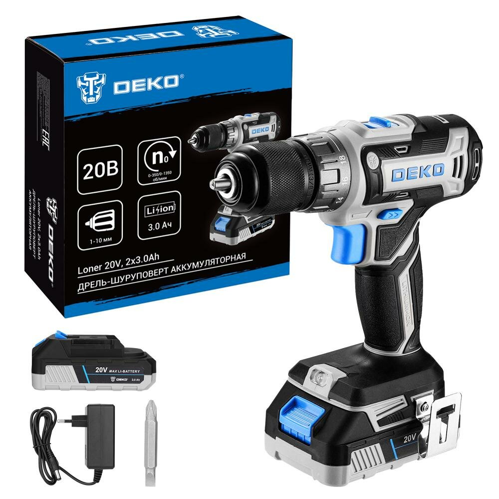 Дрель-шуруповерт аккумуляторная DEKO Loner 20V 20В 2x3Ач 45Нм 085-1005