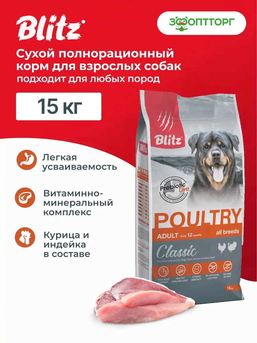 Сухой корм Blitz Classic Adult для взрослых собак всех пород Курица и индейка, 15 кг.