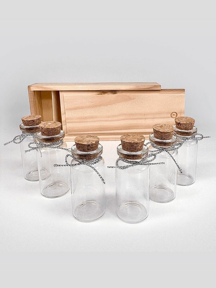 Мини баночки стеклянные 9 мл 22x45 мм, набор 6 шт в деревянной коробке с отсеками и силиконовой воронкой для рукоделия, хранения бисера, блесток и мелочей