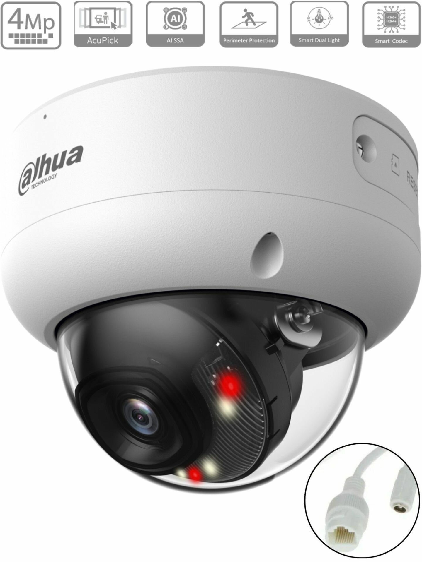 Dahua DH-IPC-HDBW3449EP-AS-IL-0280B 4Мп 2,8 мм камера видеонаблюдения IP внутренняя и уличная, цифровая купольная антивандальная IP-видеокамера для улицы и помещений Full color ИК/LED подсветка