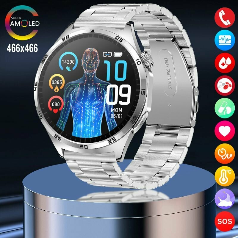 2024 смарт часы круглые мужские, с экг,46mm, умные часы с функцией вызова по Bluetooth, с измерением сахара в крови,