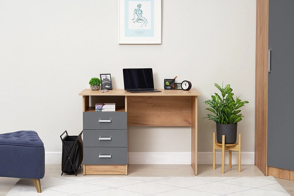 Письменный стол компьютерный для учебы, офиса, кабинета, 3 ящика, 1 полка, Мартина, 110х75х55 см, Дуб крафт / Графит