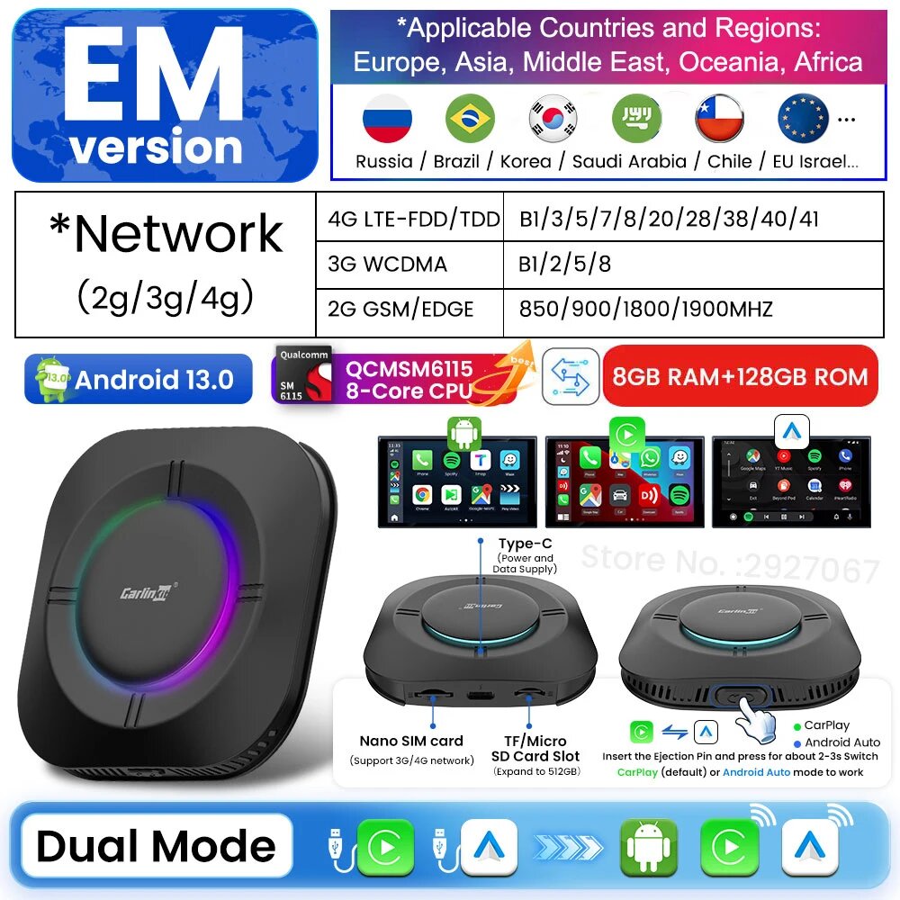 CarlinKit Android 13 CarPlay Ai Box 8G 128G SM6115 EM