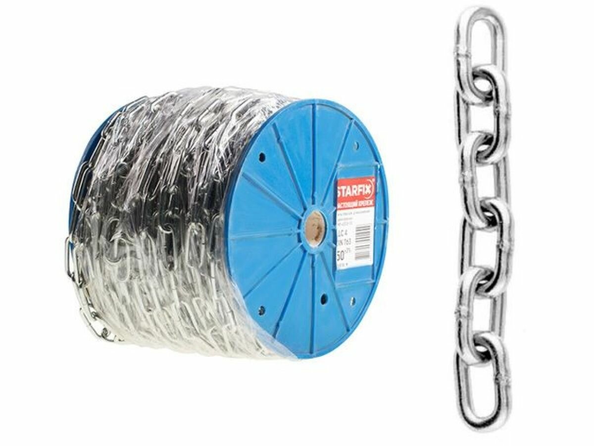Цепь строительная сварная короткозвенная М4 нержавеющая сталь А2 DIN 766 STARFIX бухта 25 м (SMP-75647-25)