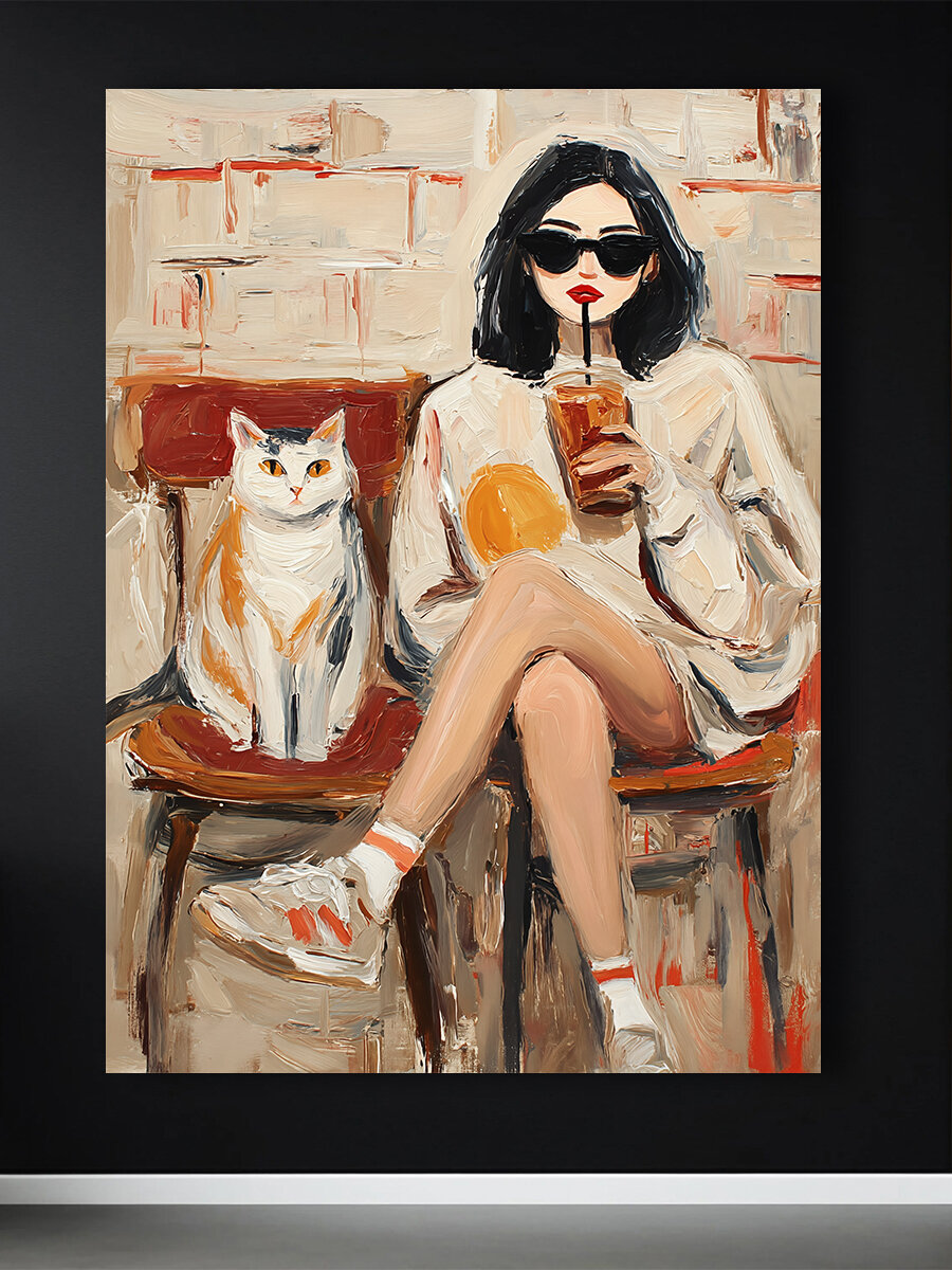 Картина интерьерная - "Девушка и котики на отдыхе, дизайнерский арт на стену" , 40х60 см.