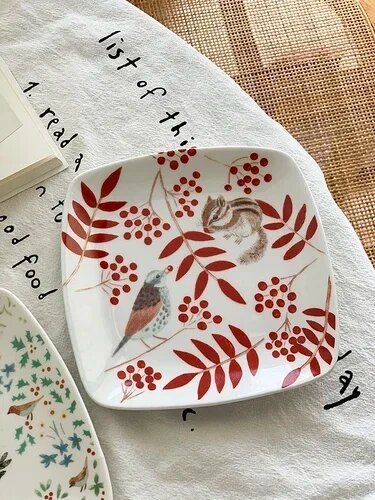 Японская керамическая квадратная тарелка с ягодами 6 inch red leaf