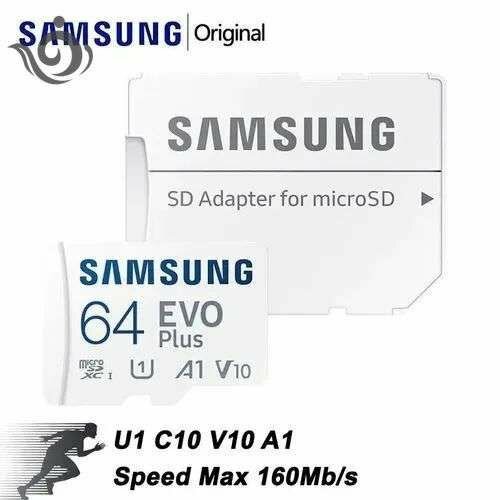 Samsung 64 ГБ Карта памяти microSDXC, microSD EVO Plus (MB-MC64KA), UHS-I U1, Class 10, чтение - 160 Мбайт/сек, MB-MC64KA