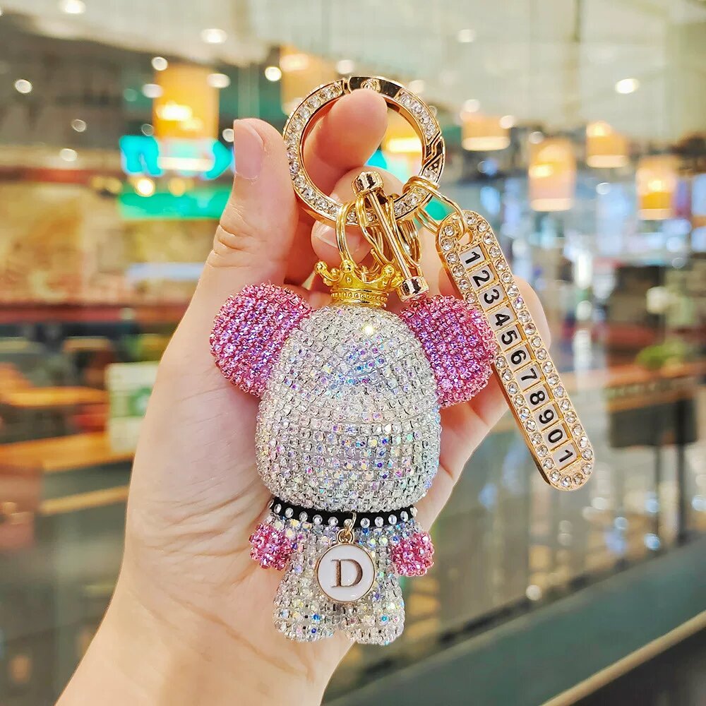 Мультяшный брелок для ключей в виде сидящего медведя, полностью инкрустированный стразами, креативный брелок-подвеска с