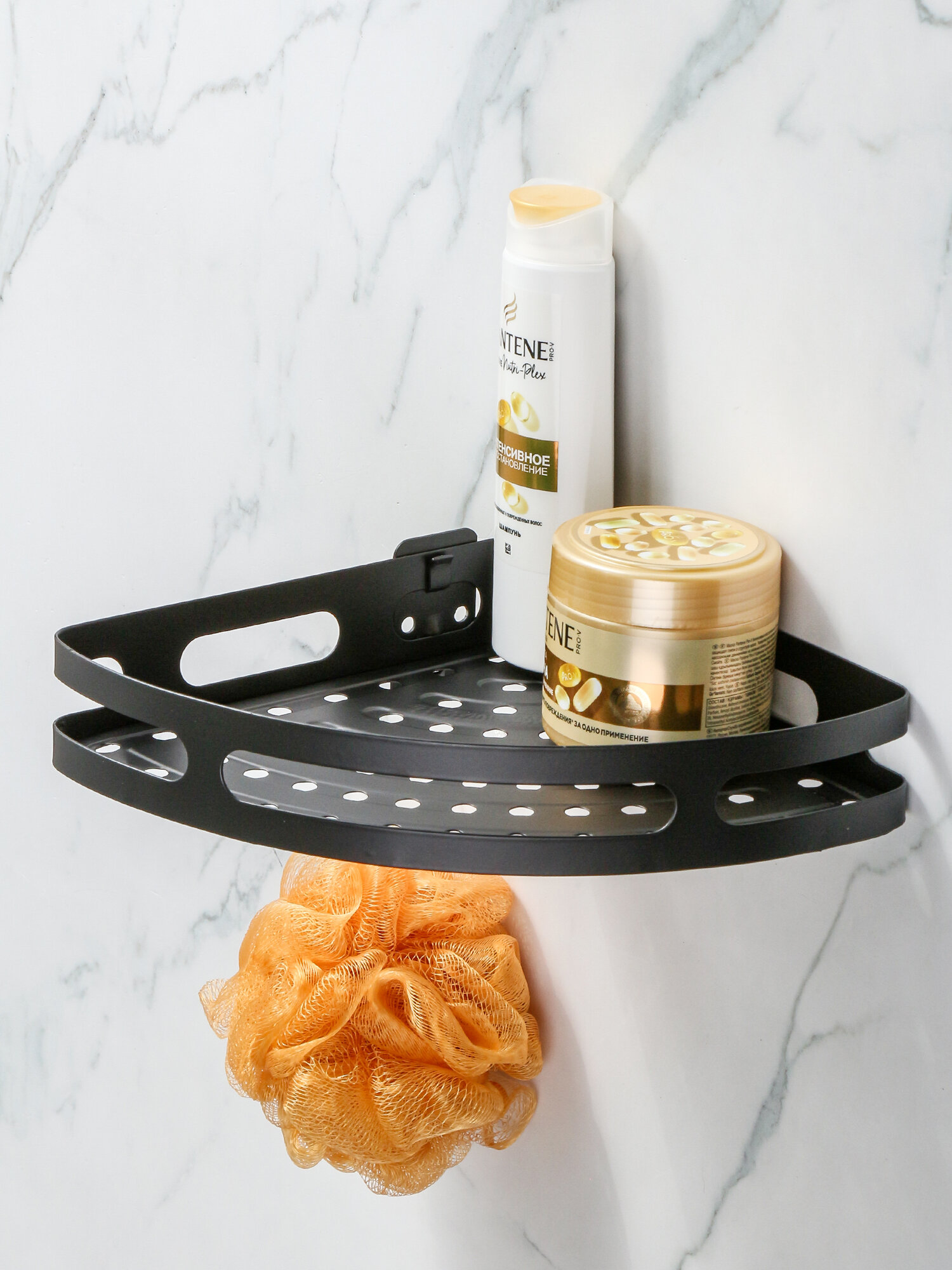 Полка для ванной комнаты угловая металлическая черная настенная 23.5х23.5х5 см, органайзер для душа и кухни Y4-9927