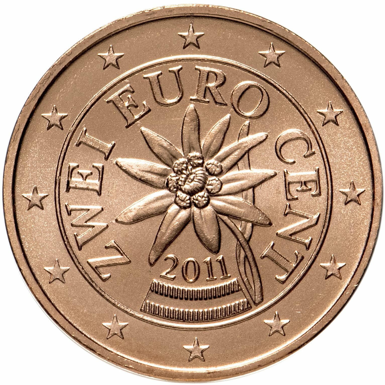 Австрия 2 евроцента cents 2011, Сталь, в сохранности UNC