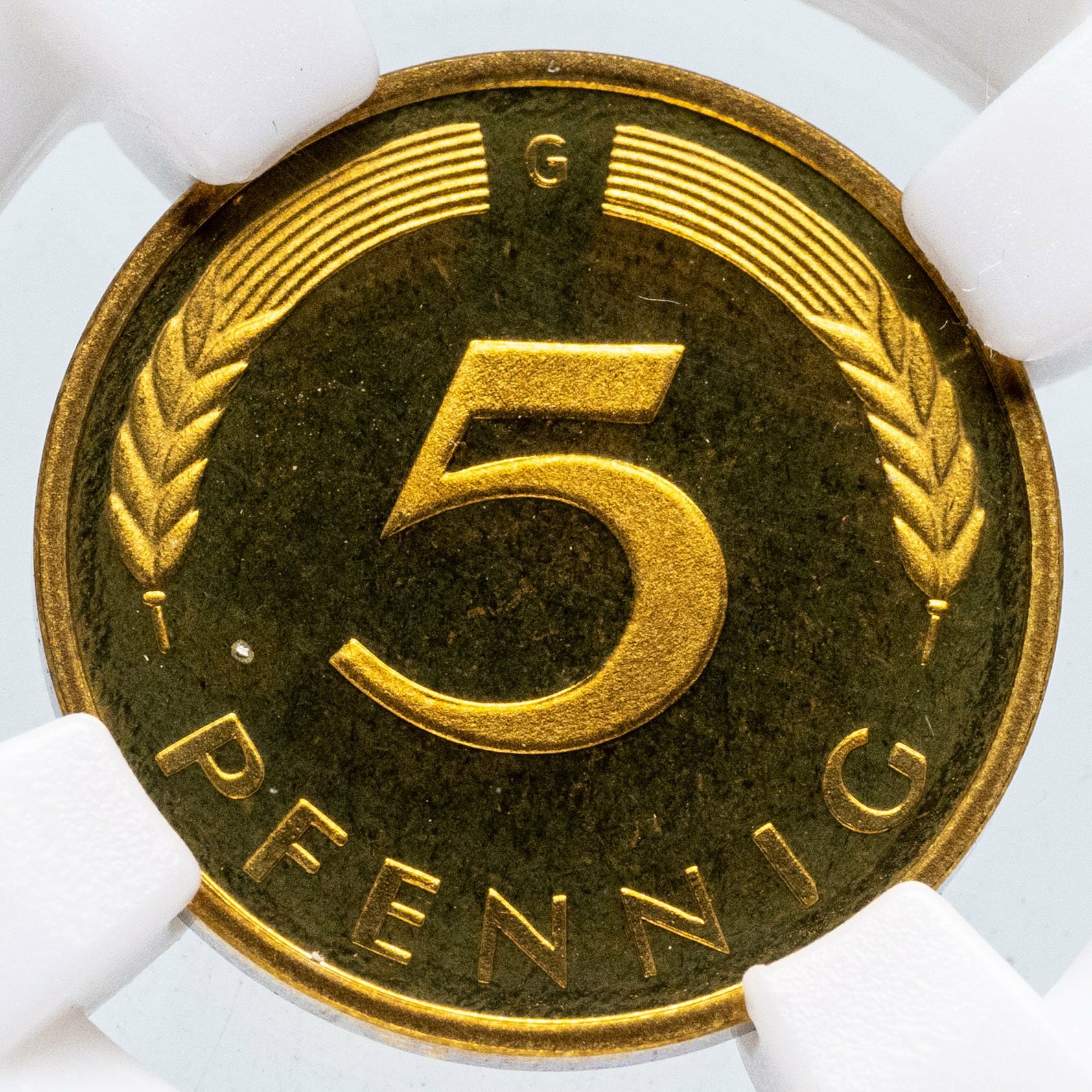 Германия 5 пфеннигов pfennig 1989 G знак монетного двора: "G" - Карлсруэ в слабе DNC PF68, Мельхиор медь-никель