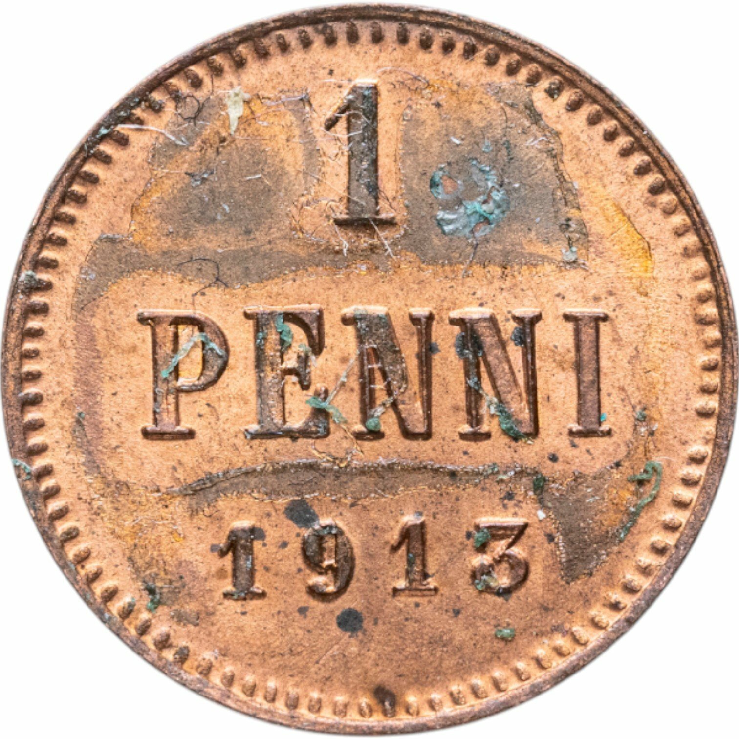 1 пенни penni 1913 Российская Финляндия, Медь, в сохранности AU