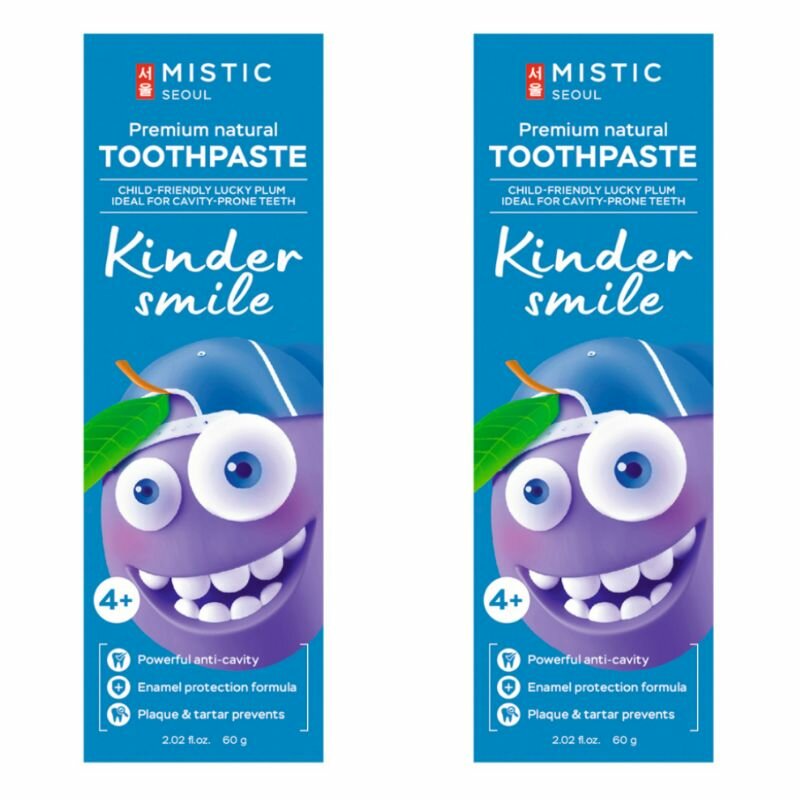 MISTIC Зубная паста Premium Natural Toothpaste Kinder Smile Lucky Plum For Cavity-Prone Teeth 4+, детская, удачливая сливка, для подверженных кариесу зубов, 60 гр, 2 шт