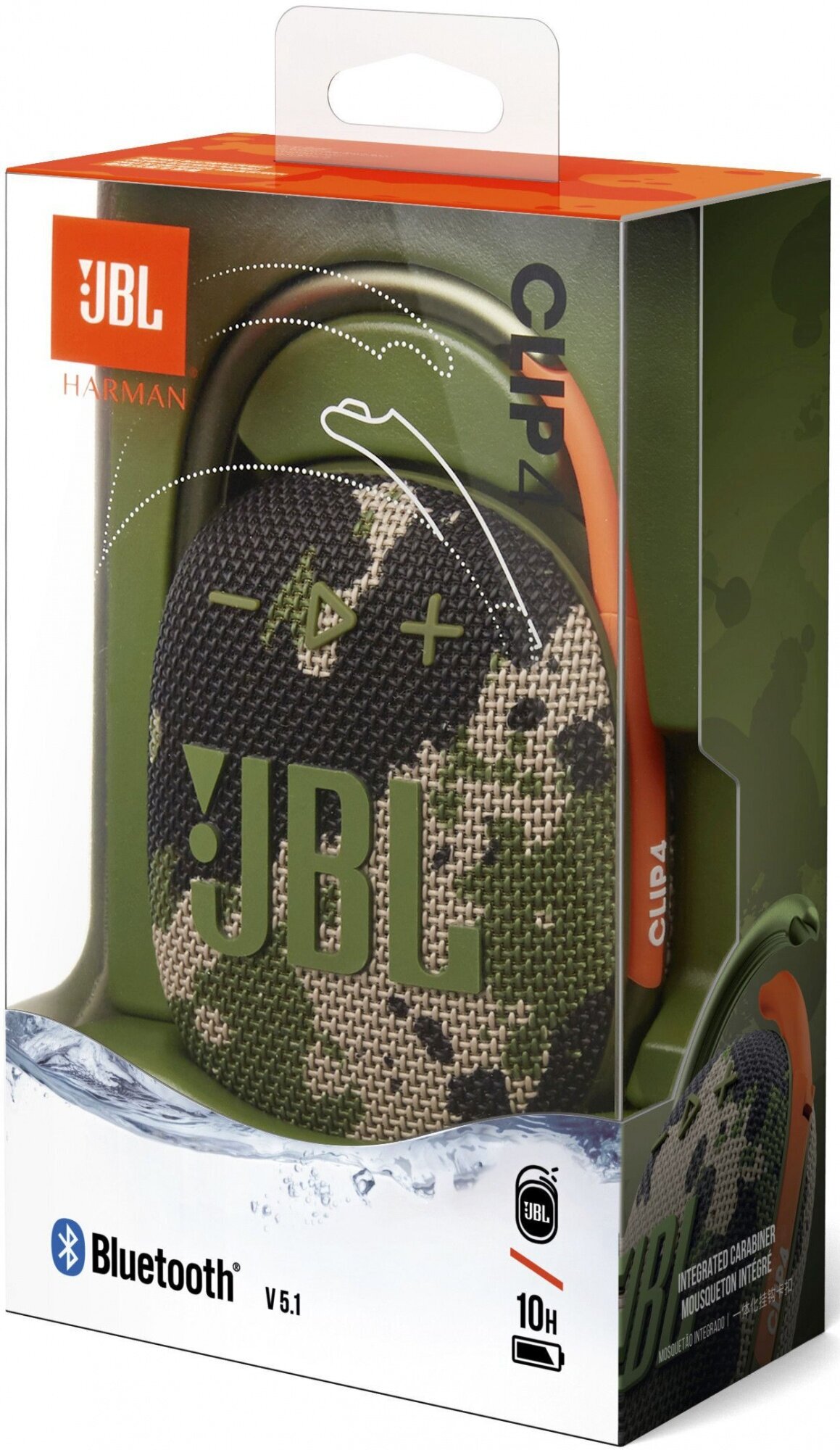 Портативная акустика JBL Clip 4, 5 Вт, зеленый камуфляж (Squad)