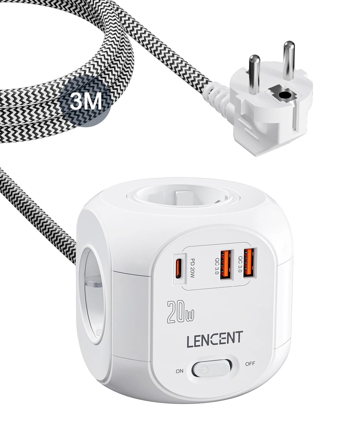Удлинитель Lencent 3м, 20W PD, 4 розетки, 2 USB
