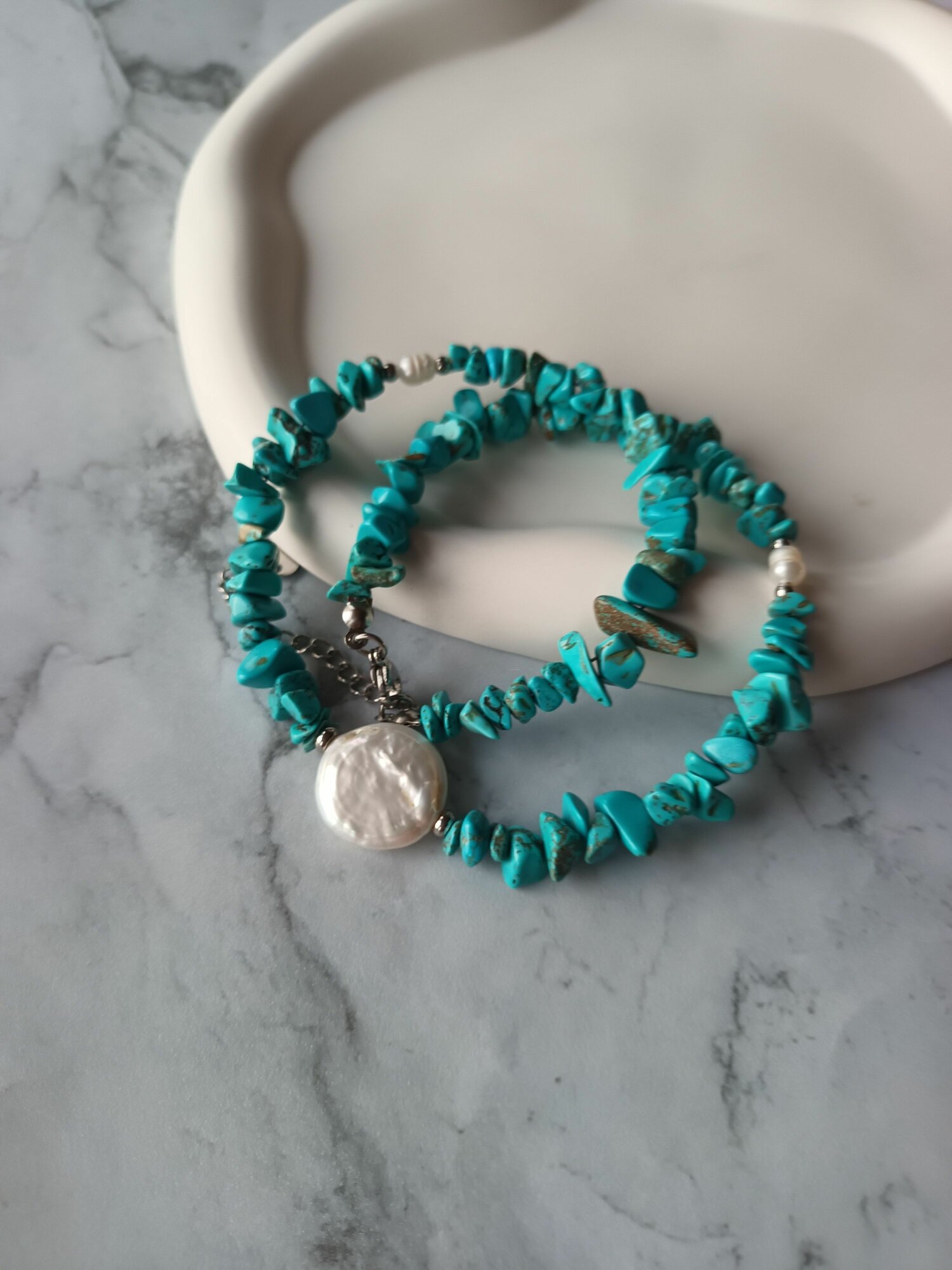 Колье, жемчуг культивированный, бирюза синтетическая