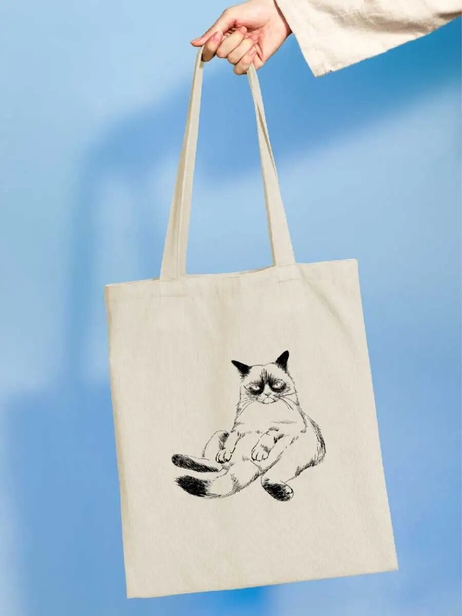 Сумка шоппер  женская с принтом холщевая с котами,мем с котом