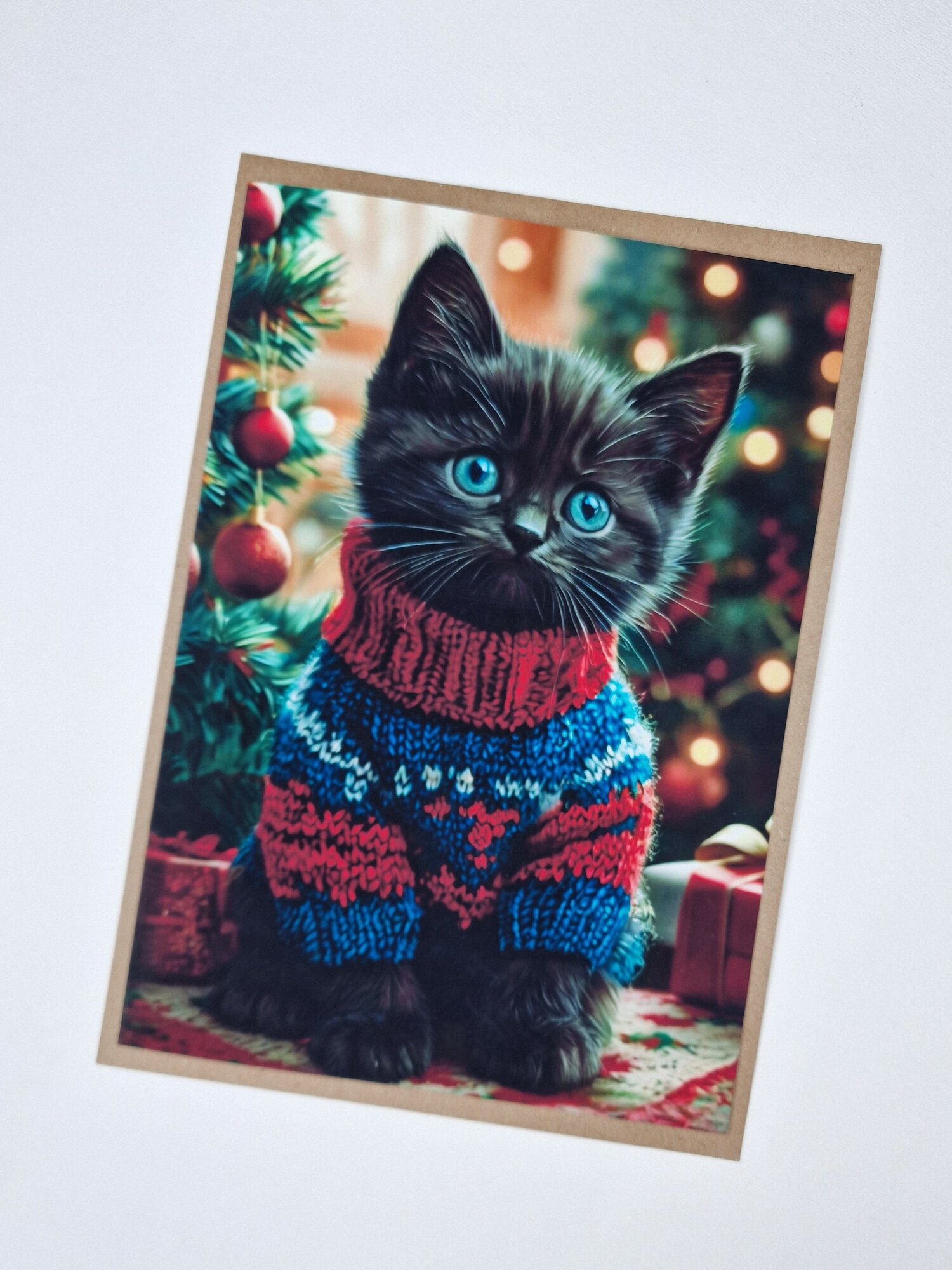 Новогодняя открытка "Черный котенок в свитере", конверт в комплекте