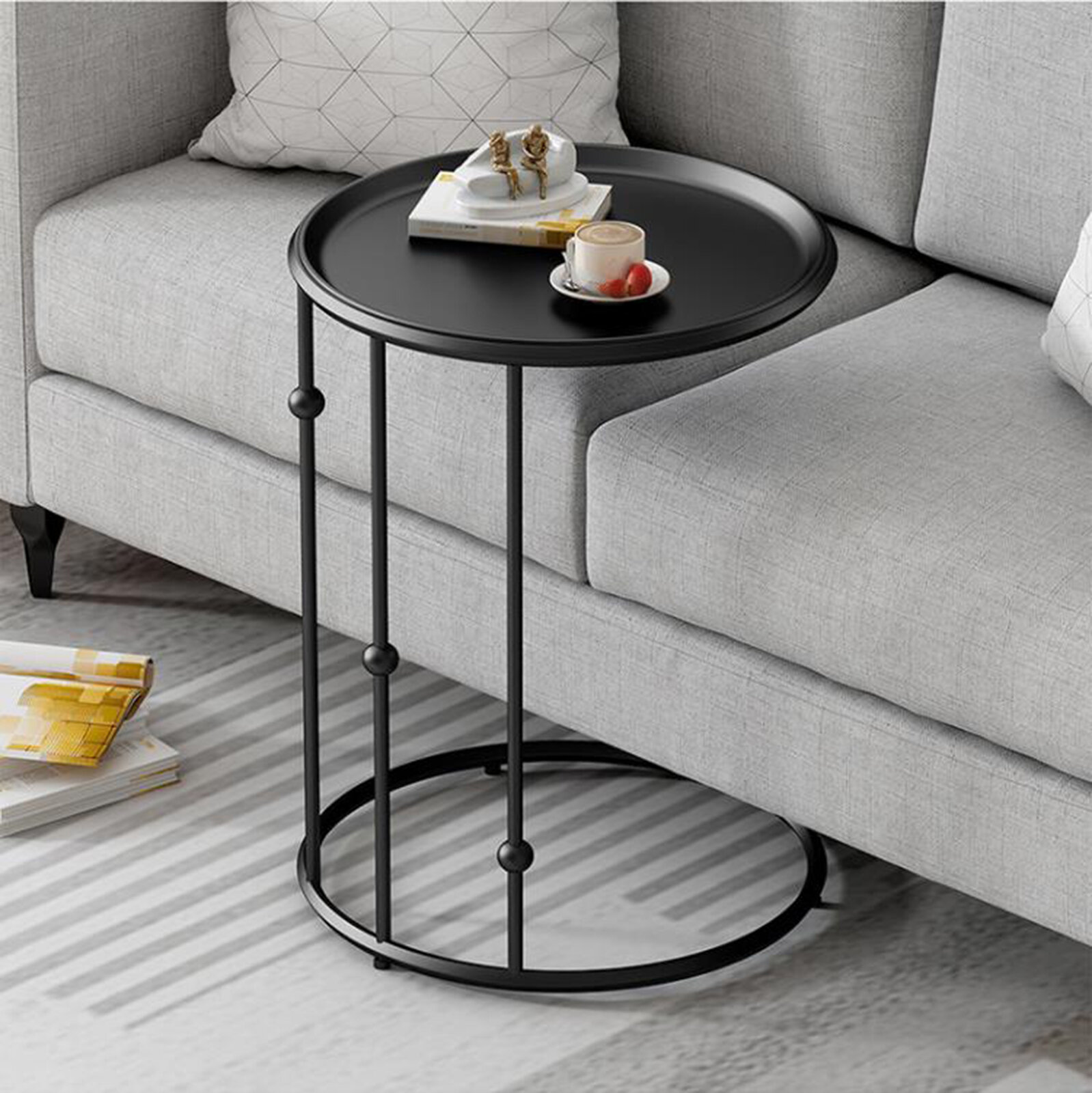 Приставной столик для дивана C-образной формы, круглый металлический стол, мебель для кафе и отель, черный,40*40*60 см