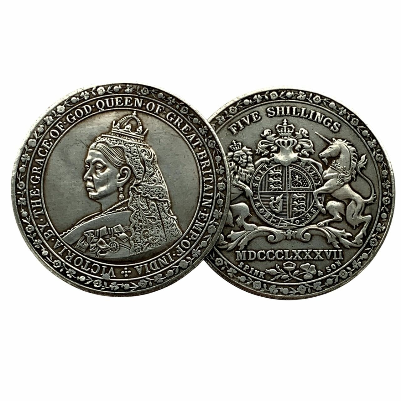 Монета 5 шиллингов 1887 года. Великобритания. Королева Виктория. Средневековая Европа. Коллекционная монета.