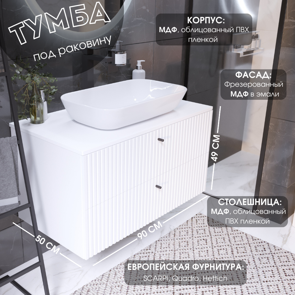 Подвесная тумба под раковину 90х50 см, 2 ящика, цвет монолит айсберг/эмаль белая, Desire 1Марка Ц0000026595