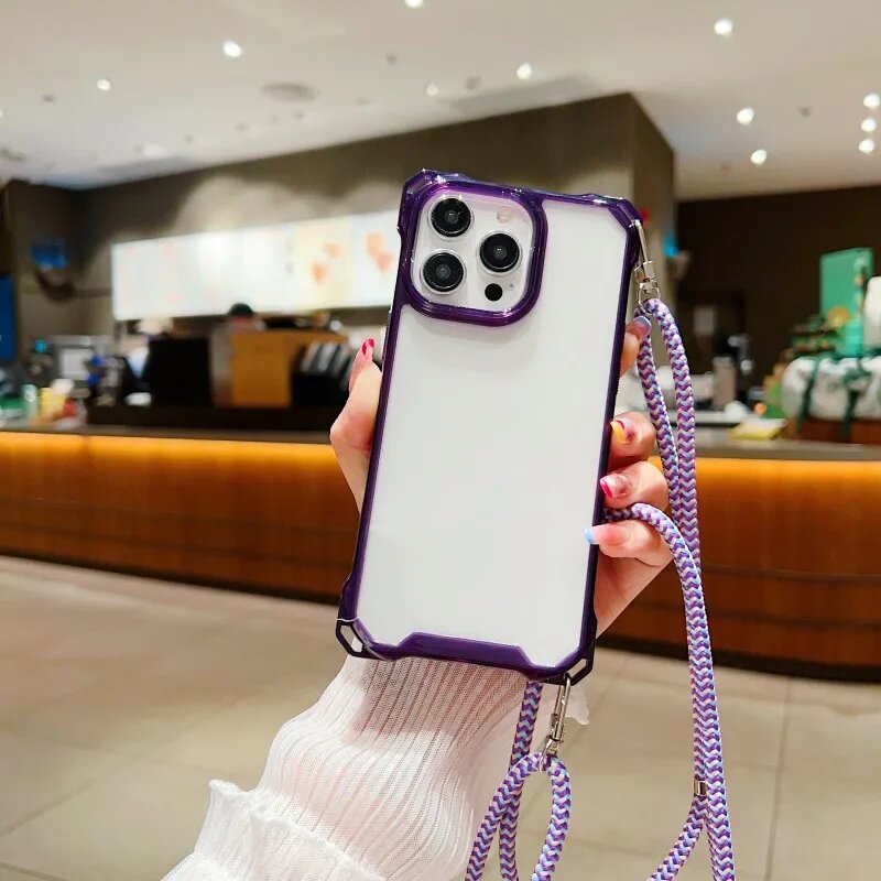 Чехол со шнурком для Samsung Galaxy A55 A15 A35 A54 A14 A34 A53 A52 S24 Ultra S23 FE, четырехугольный ремешок через плечо, бронированный прозрачный чехол