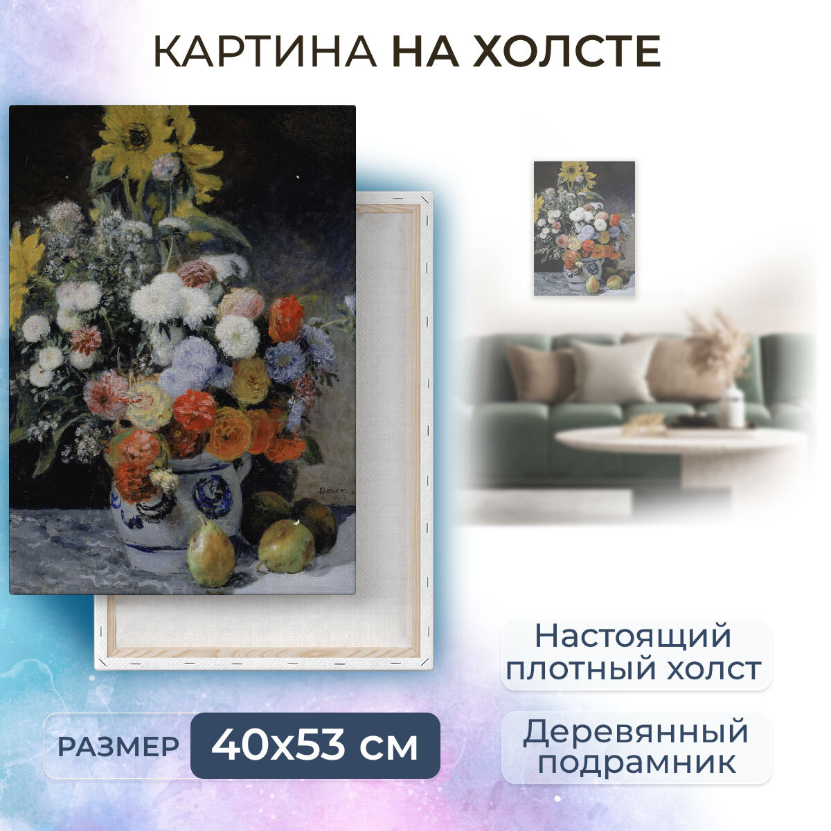 Картина на холсте, репродукция / Ренуар Пьер - Смешанные цветы в глиняном горшке / Размер 40 x 53 см