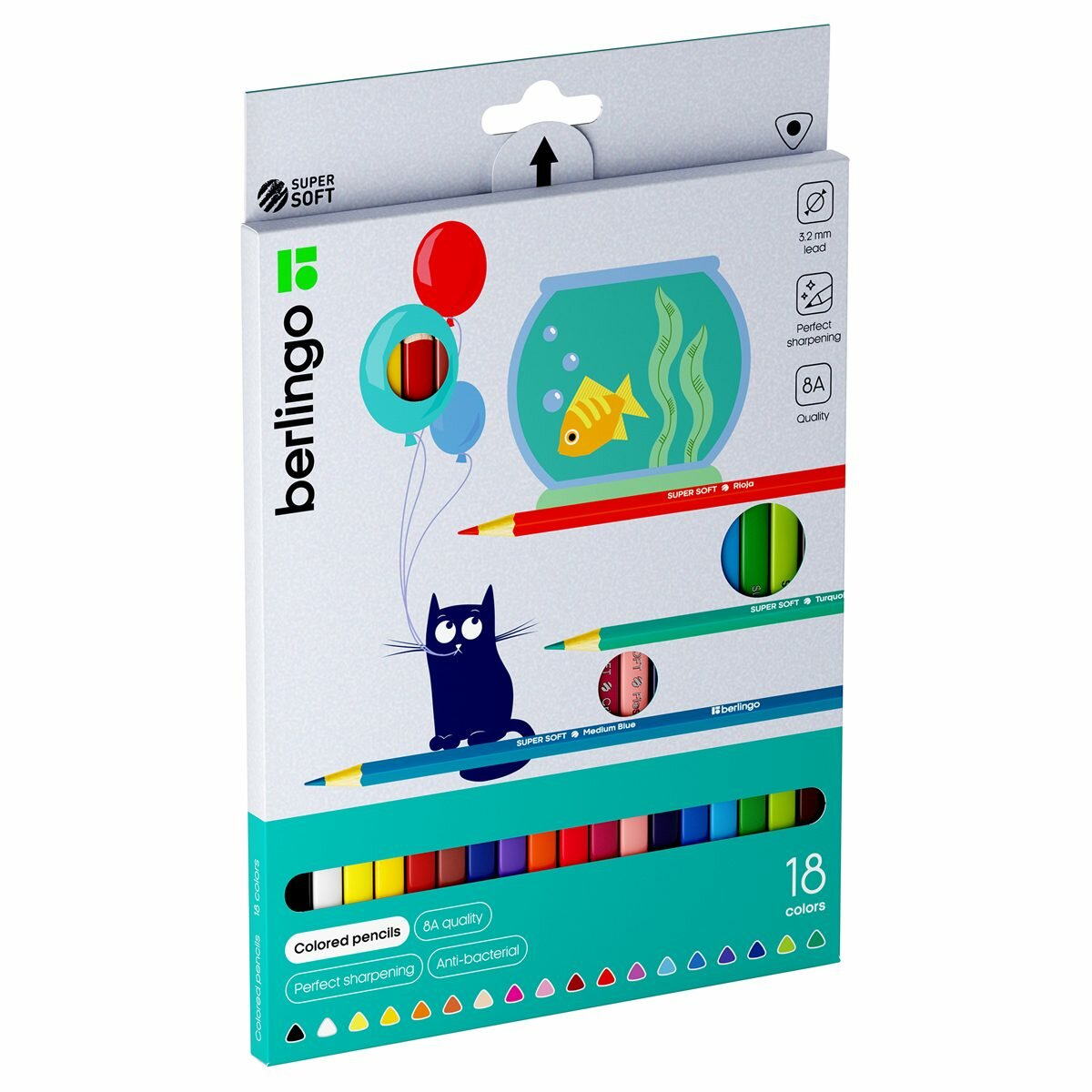 Карандаши цветные 18 цветов Berlingo "SuperSoft. Жил-был кот" (L=180мм, D=7мм, d=3.2мм, 3гр) картон, европодвес (SS00518)
