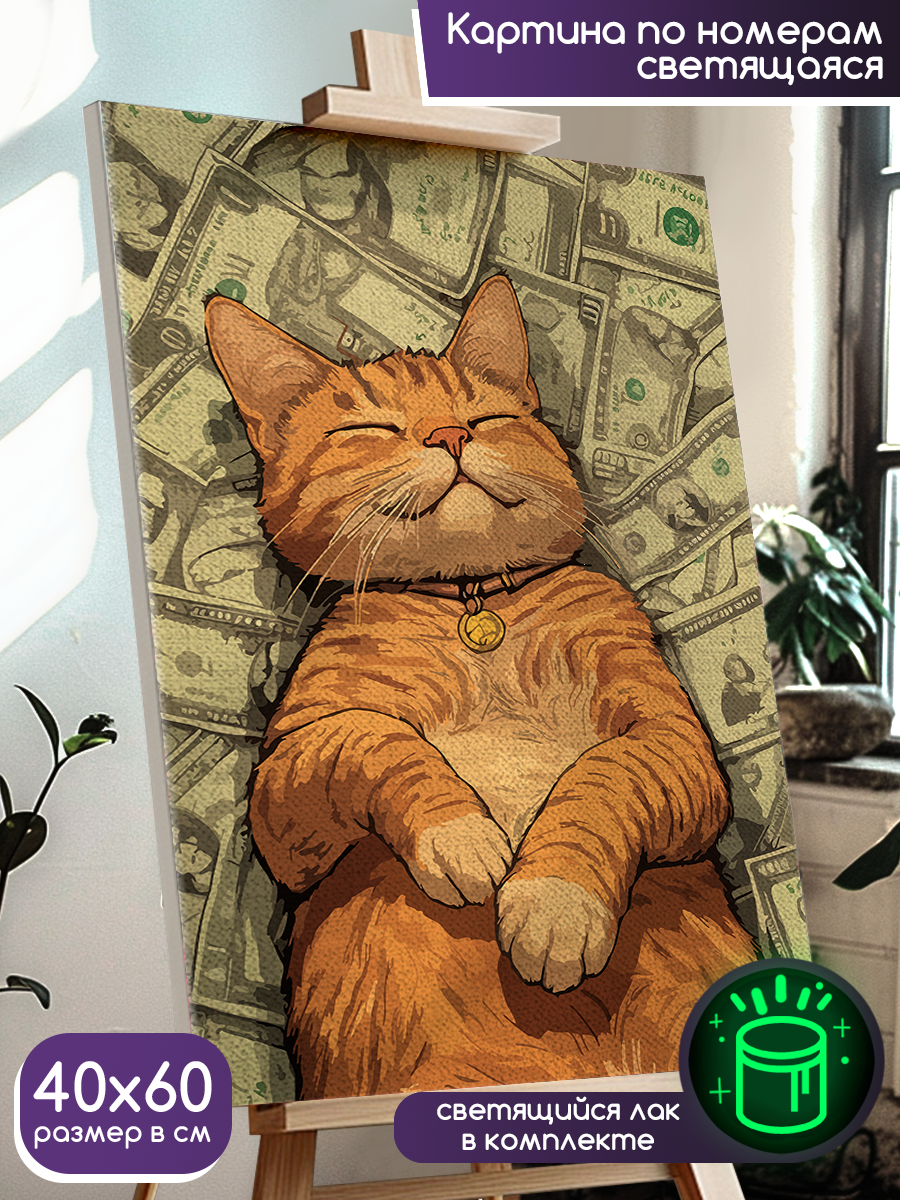 Картина по номерам со светящейся краской Рыжий кот лежит на долларах (Кошка на деньгах, животные, деньги) - 2574 60x40 В