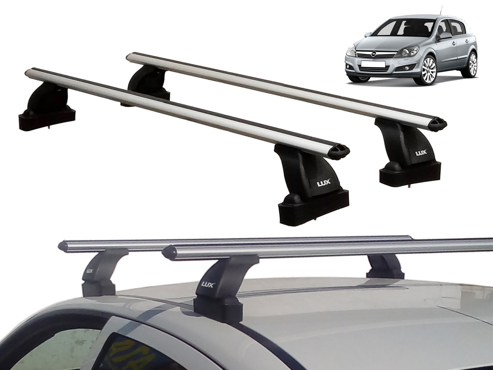 Багажник на Опель Астра (Opel Astra H (Family) 2004-2015, sedan/hatchback со штатными местами), Lux, аэродинамические дуги 53 мм