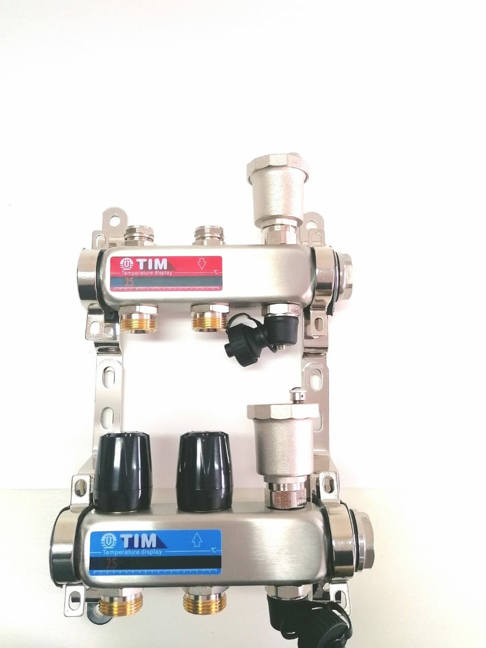 Коллекторная группа без расход. и кранов 2 вых. 1"х3/4" нерж (комп. возд-к, дрен. кран) TIM KBS5002